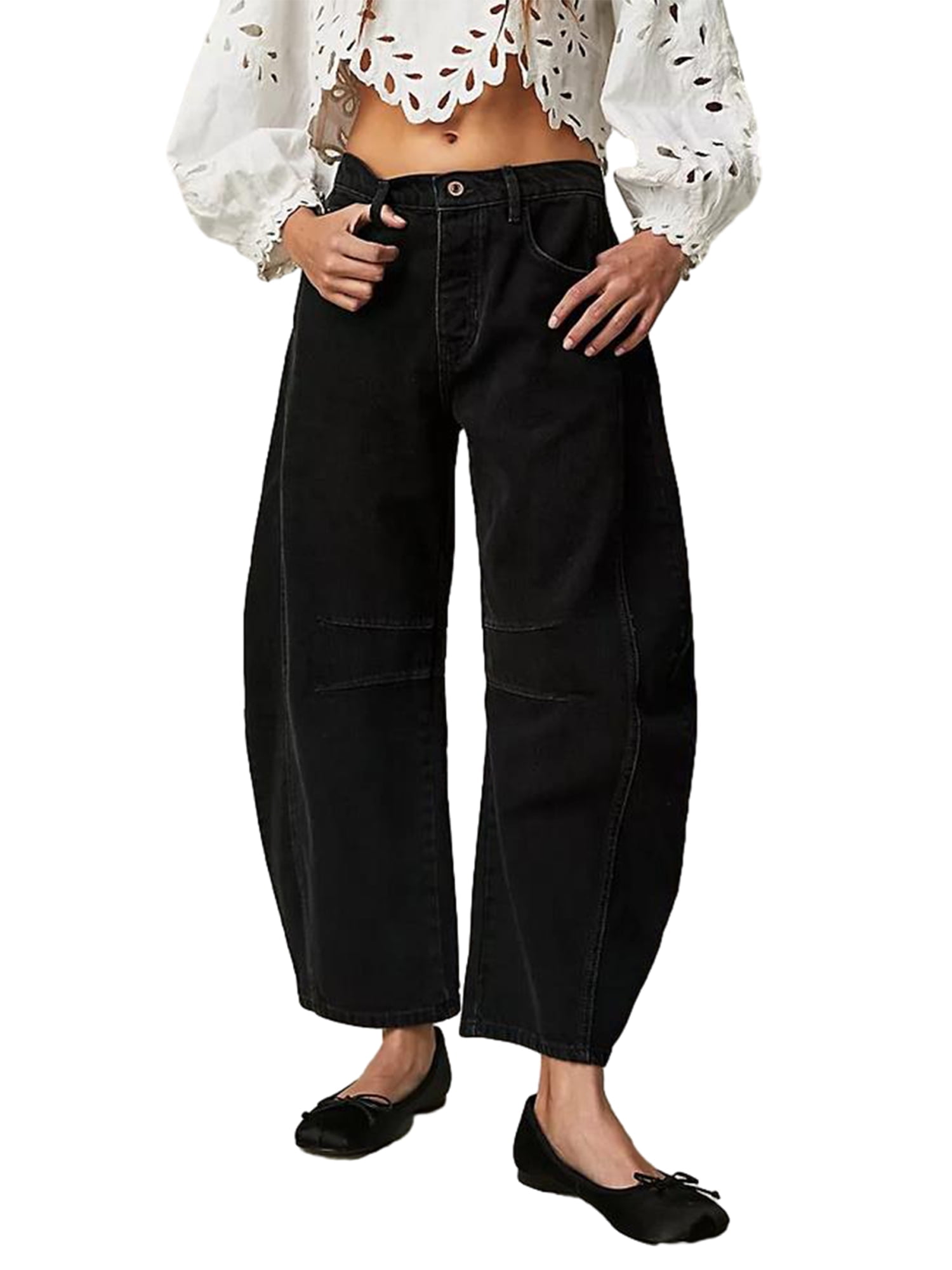 Women Loose Jeans Solid Color Mid-Rise Barrel Denim Pants - Walmart.com
