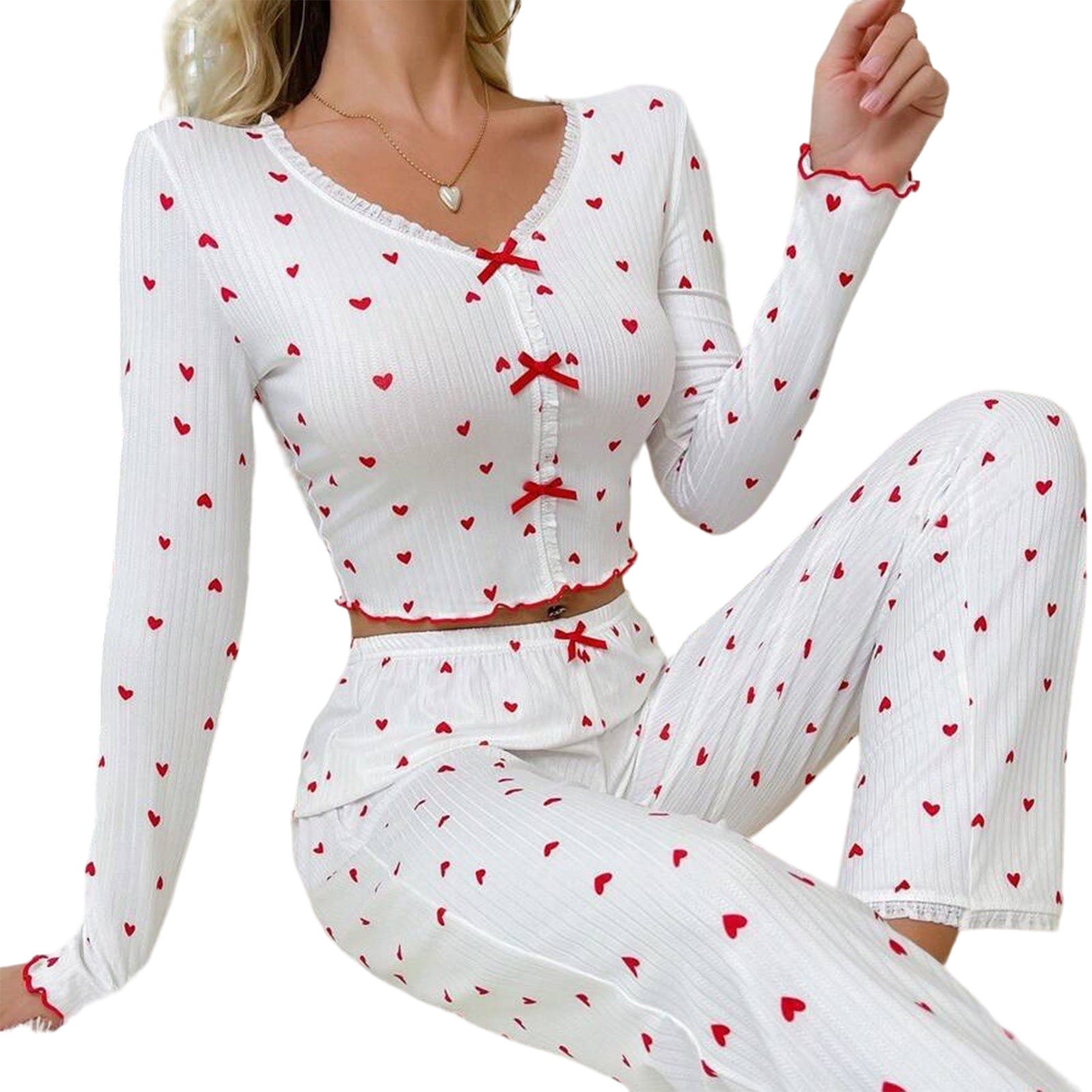 Lounge Pajama Sets for Women, Home Clothes Curled Heart Long-sleeved ...
