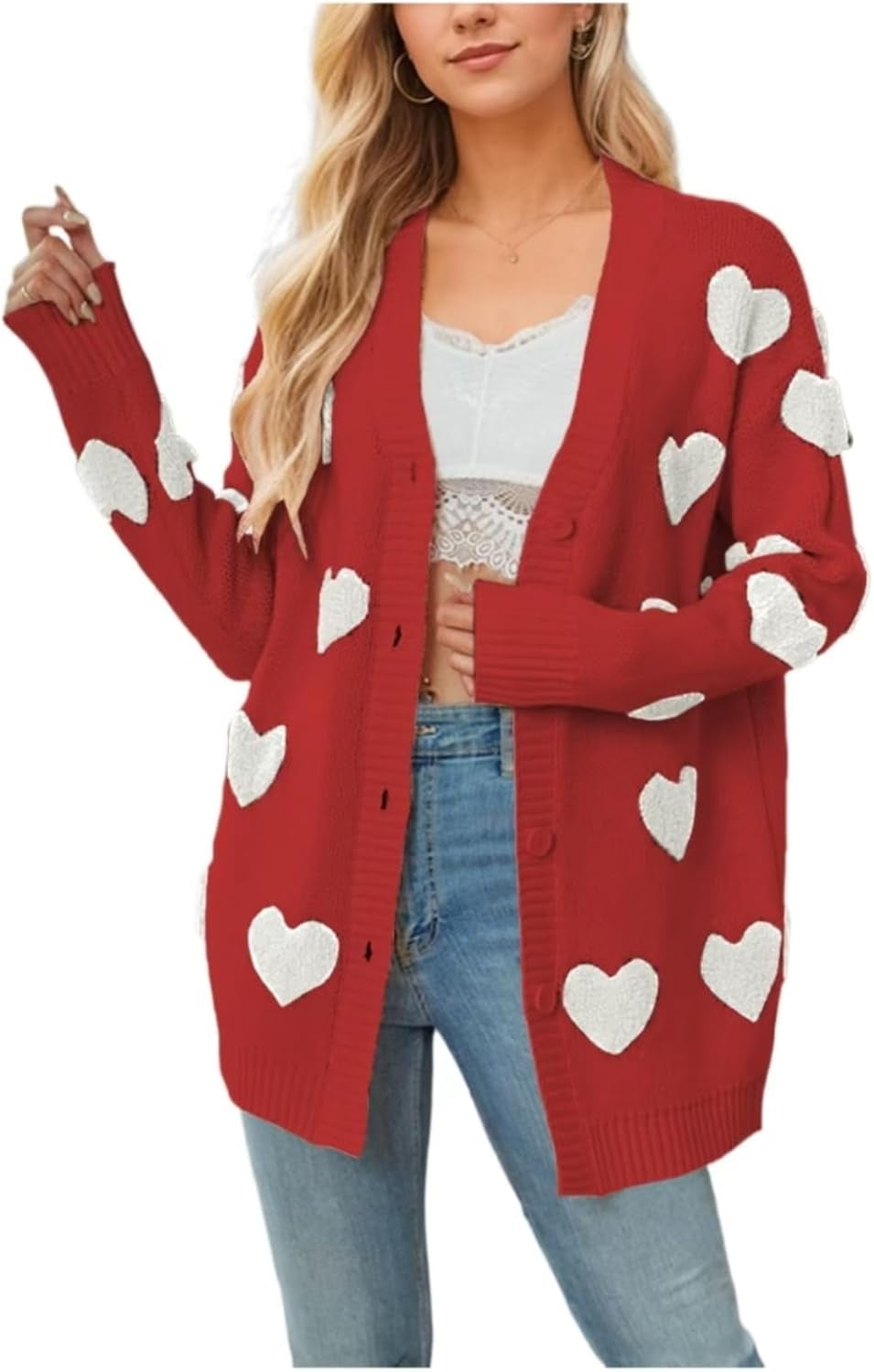 Women Love Heart Graphic Oversized Sweaters Valentine Cute Cardigan V ...