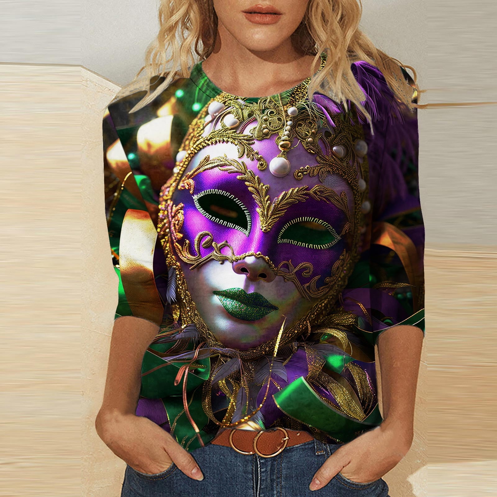 Women Mardi Gras Shirts Plus Size,Womens 3/4 Sleeve Crewneck Tops and ...