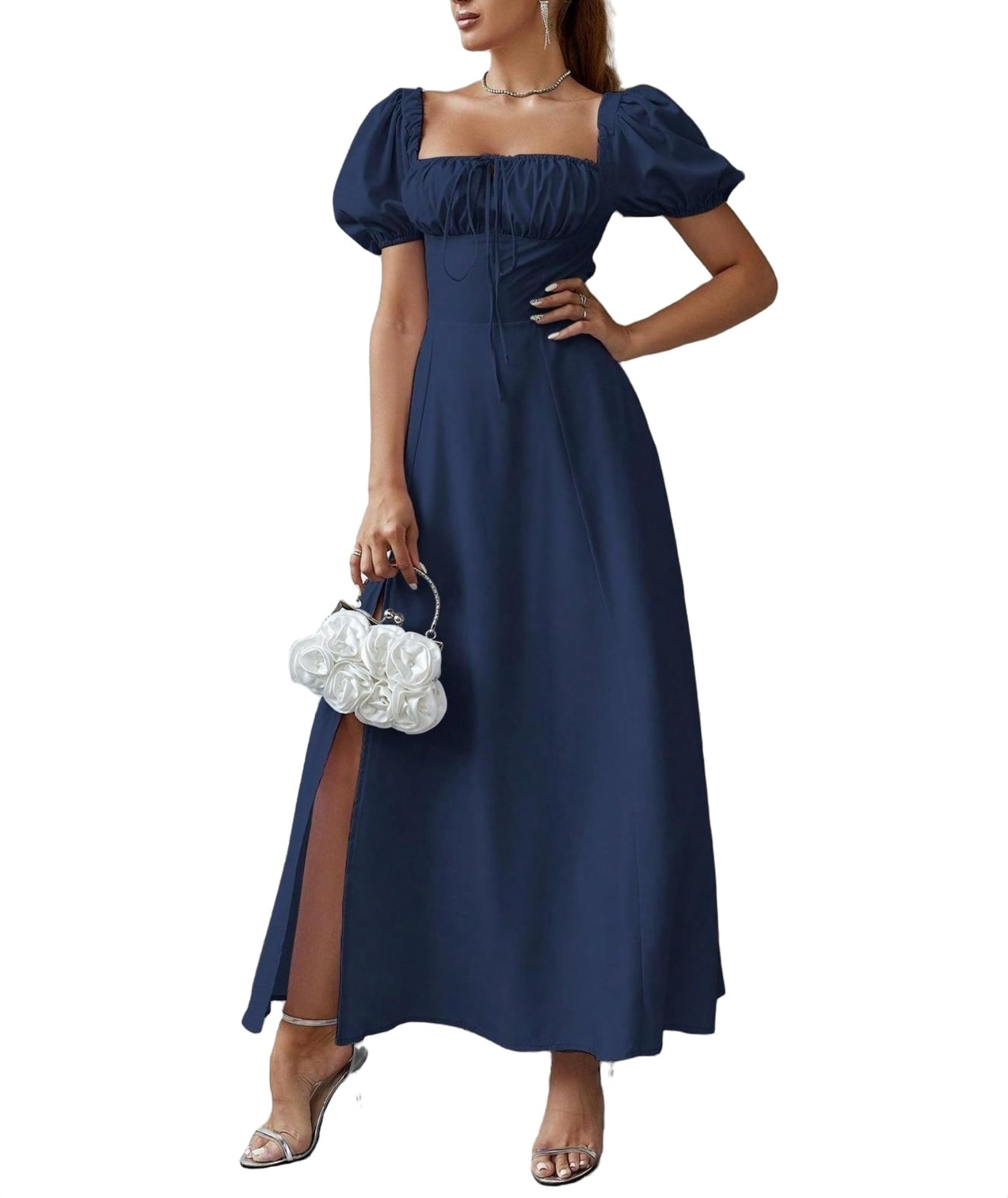 Women Maxi Dress Blue Plain Off-the-Shoulder Ruched Bust Split Thigh ...