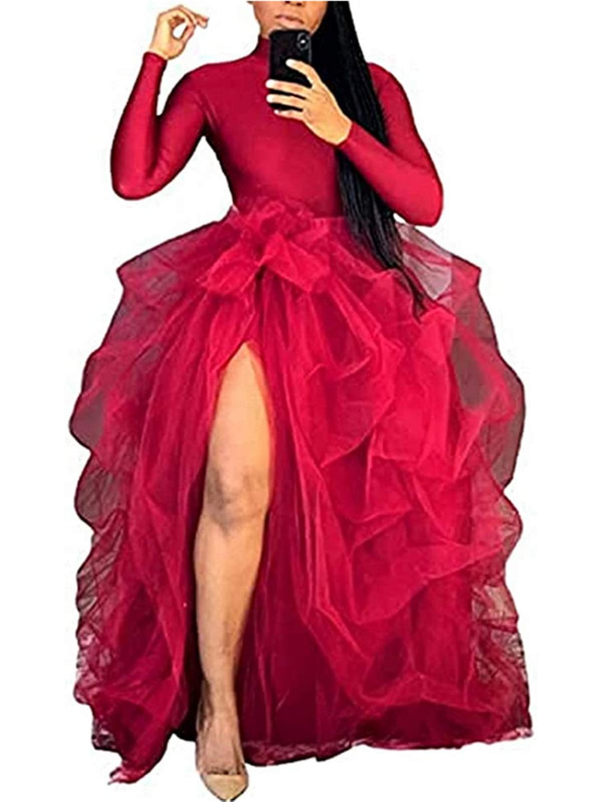 Women's Long Maxi Tulle Tutu Skirt, High Waist A-Line Puffy with Slit ...