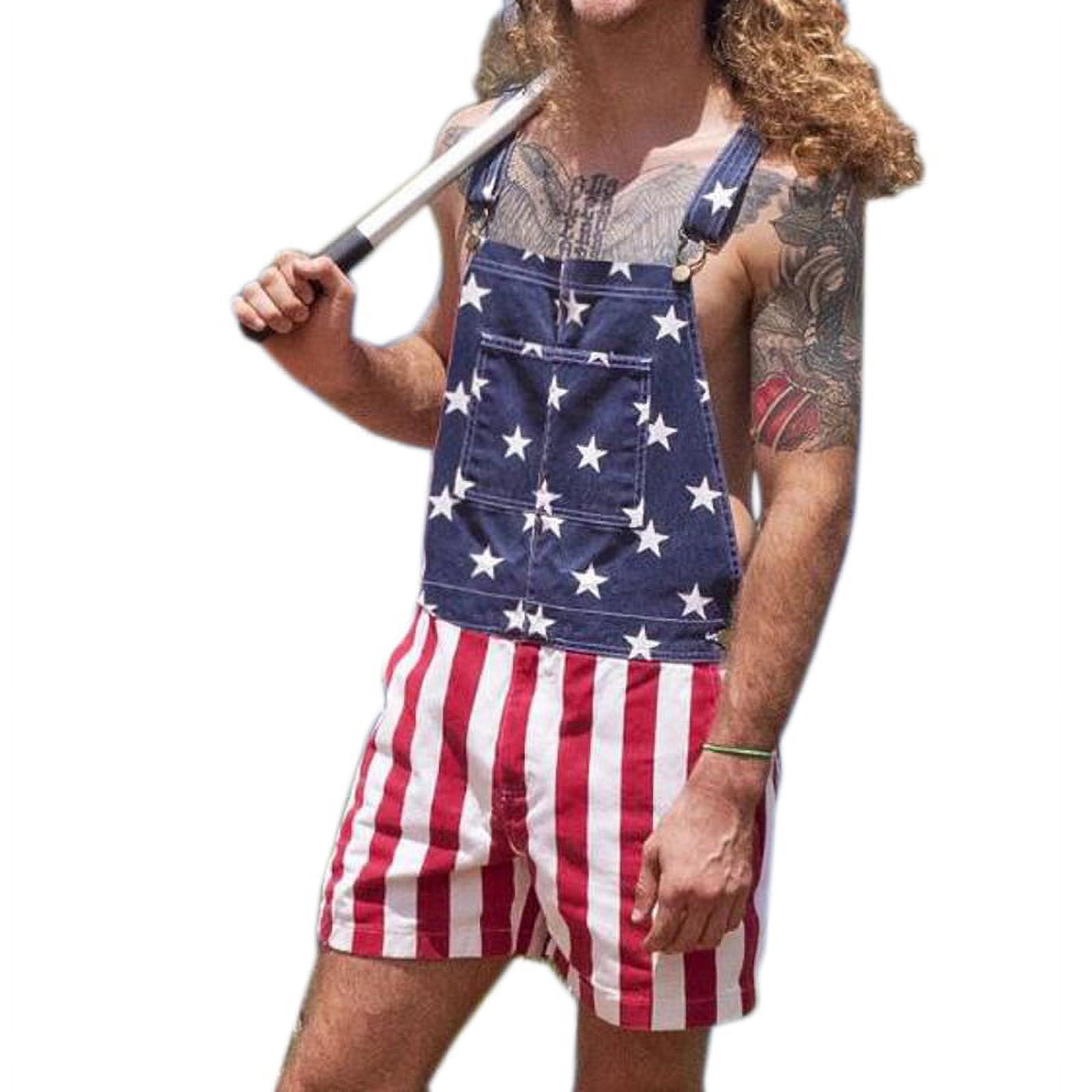 Women Men American Flag Overalls Adjustable Strap Denim Bib Shorts 4th ...