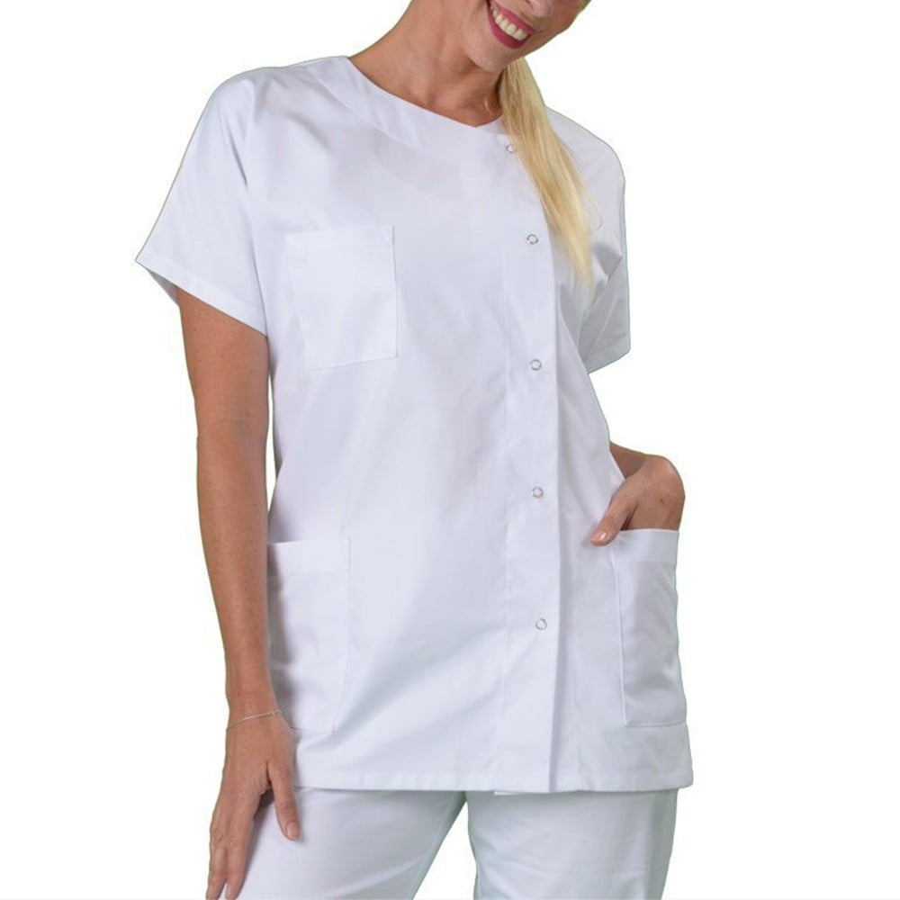 Women Men Collarless Short Sleeve Dress Hospital Lab Coat Workwear Tops ...