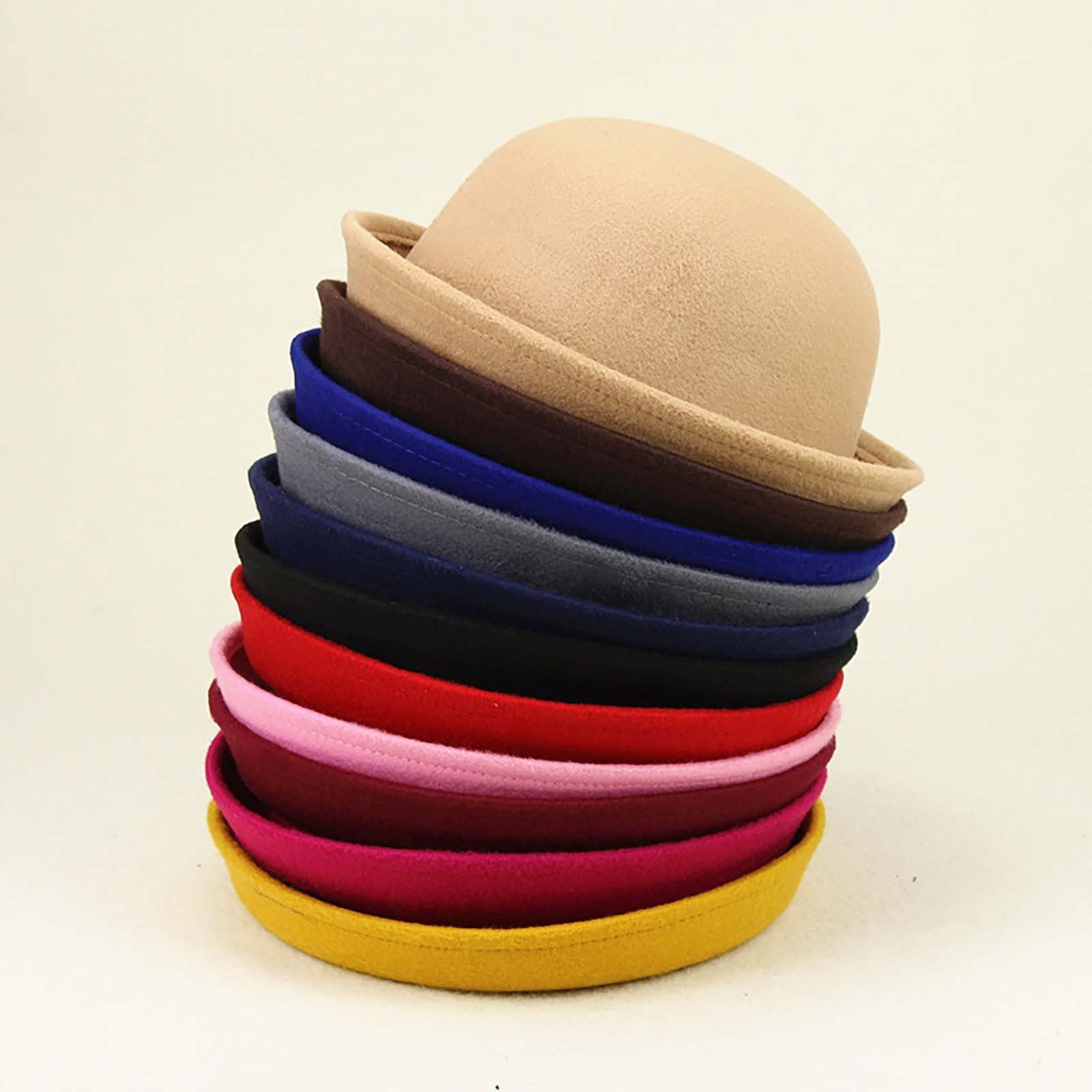 Women Men Wool Felt Bowler Hat, Versatile Solid Color Round Hat ...