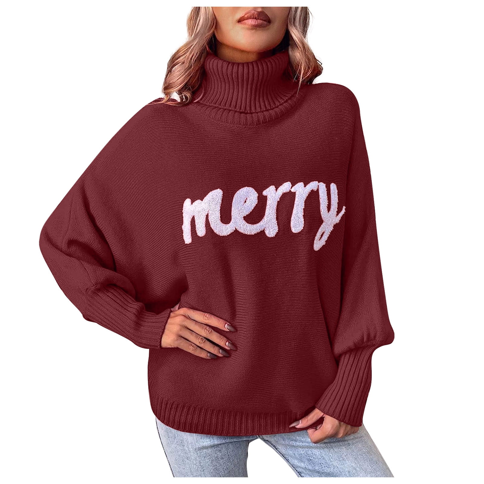 Women Merry Sweaters Turtleneck Long Sleeve Letter Print Loose Knitted ...