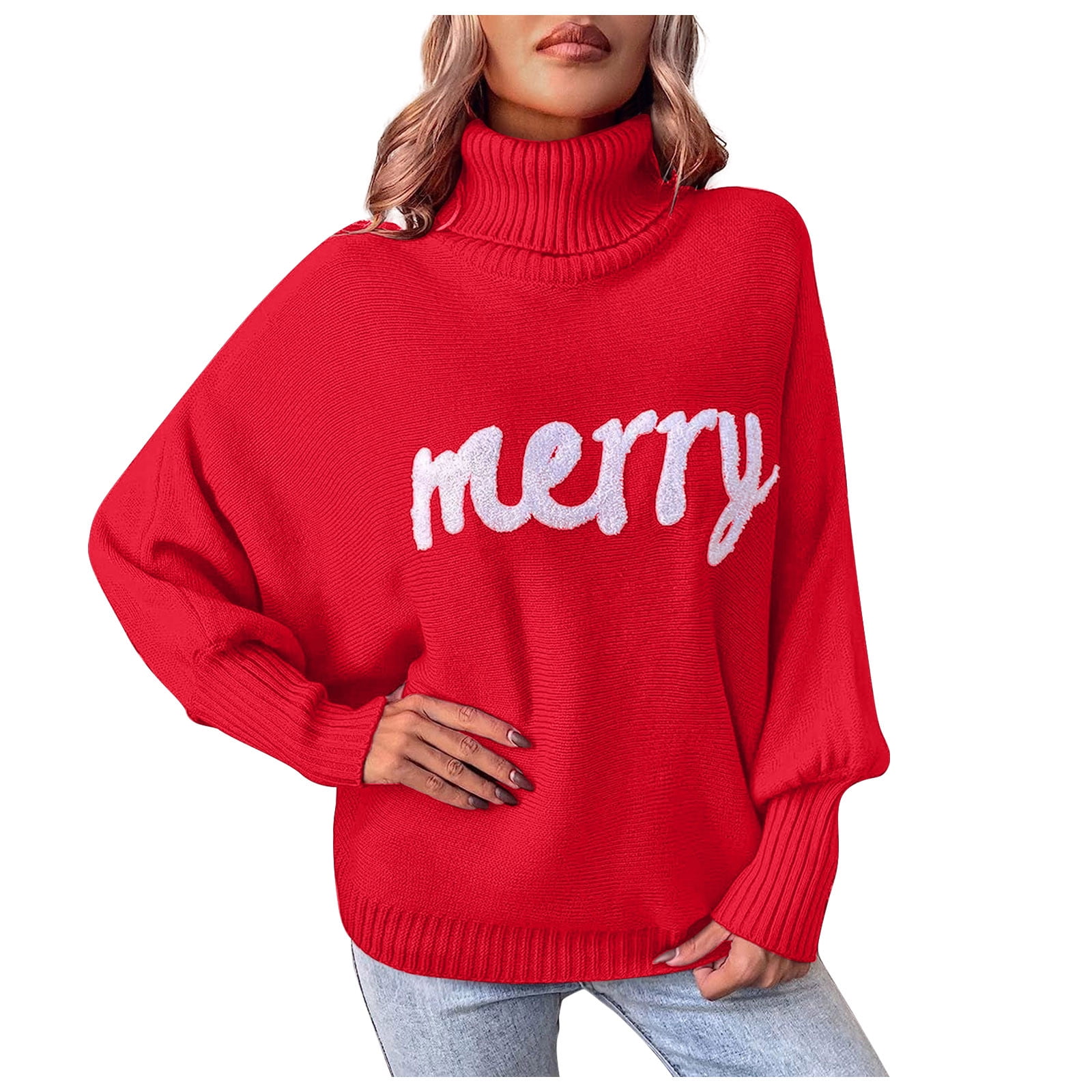 Women Merry Sweaters Turtleneck Long Sleeve Letter Print Loose Knitted ...