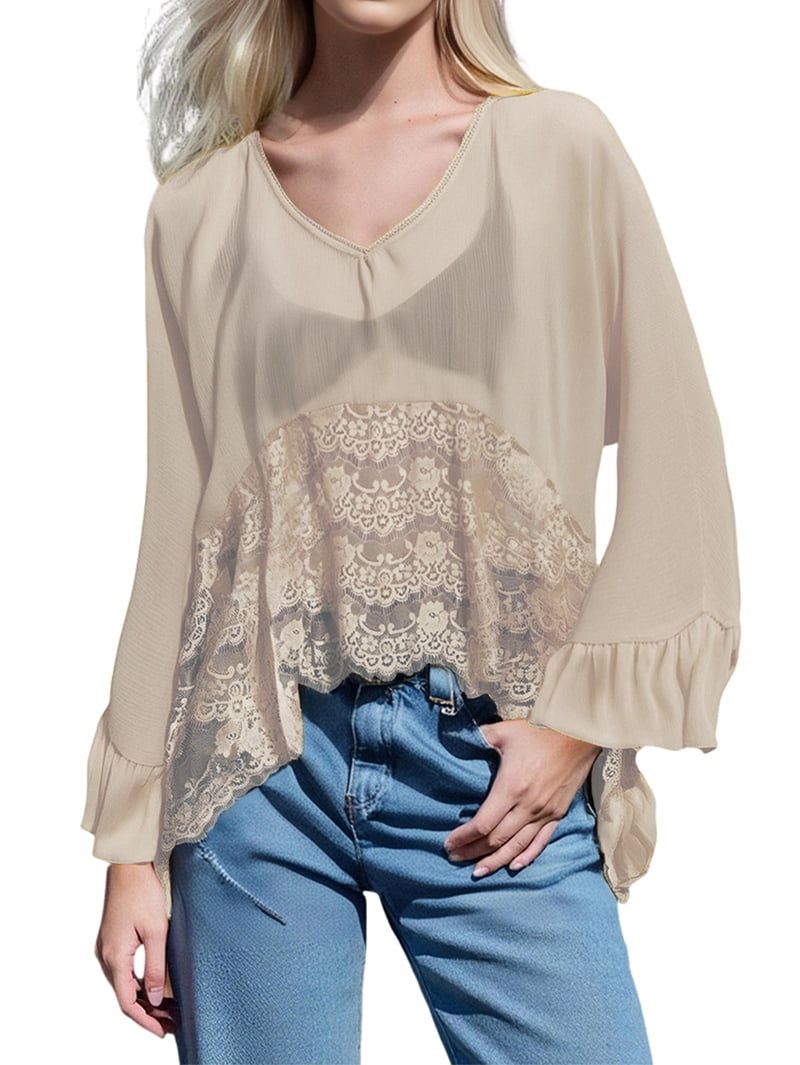 Women Mesh Cover Ups Lace See Through V Neck Loose Fit Sheer Top Solid ...