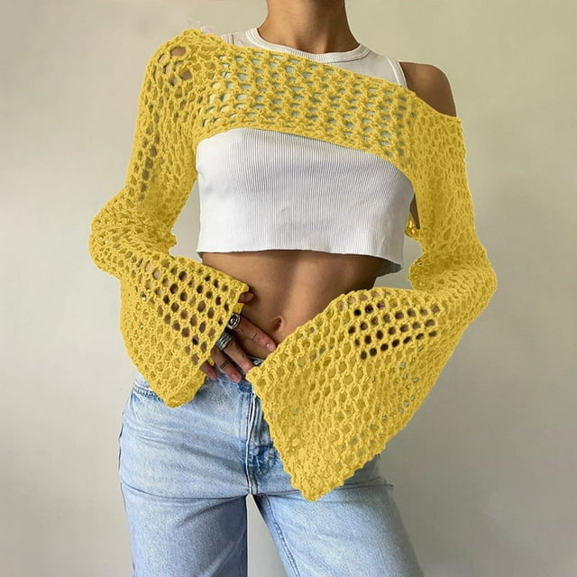Women Mesh Crochet Crop Top Long Sleeve Hollow Out Cropped Knit Sweater ...