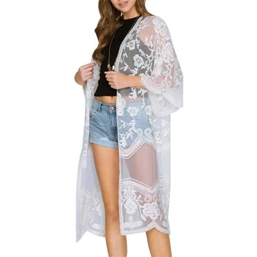 LEZMORE Women's Sheer Swim Cover Up, Long Mesh Lace Kimono Cardigan ...