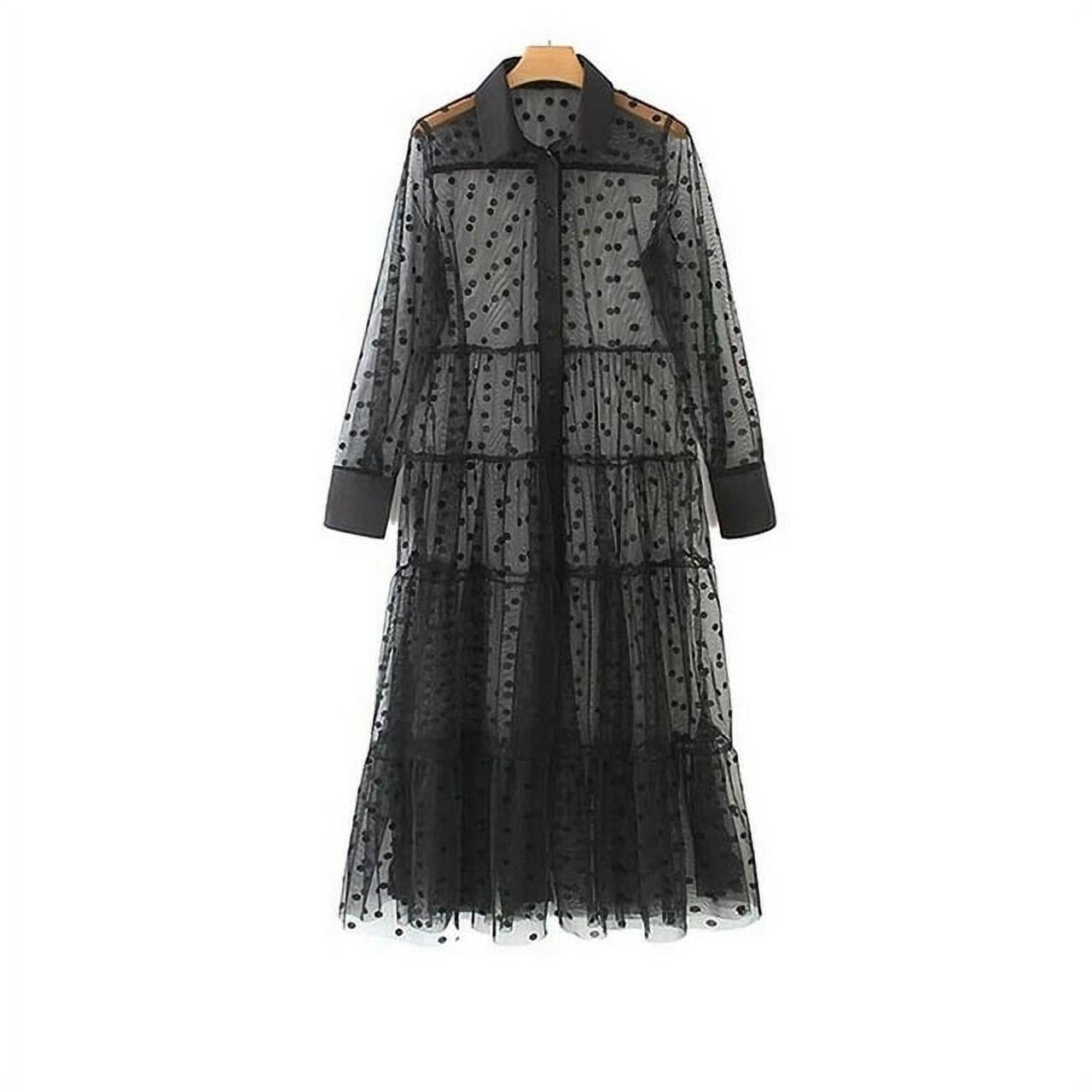 Women Mesh Sheer Transparent Polka Dot Lace Cover up V Neck Button Down ...