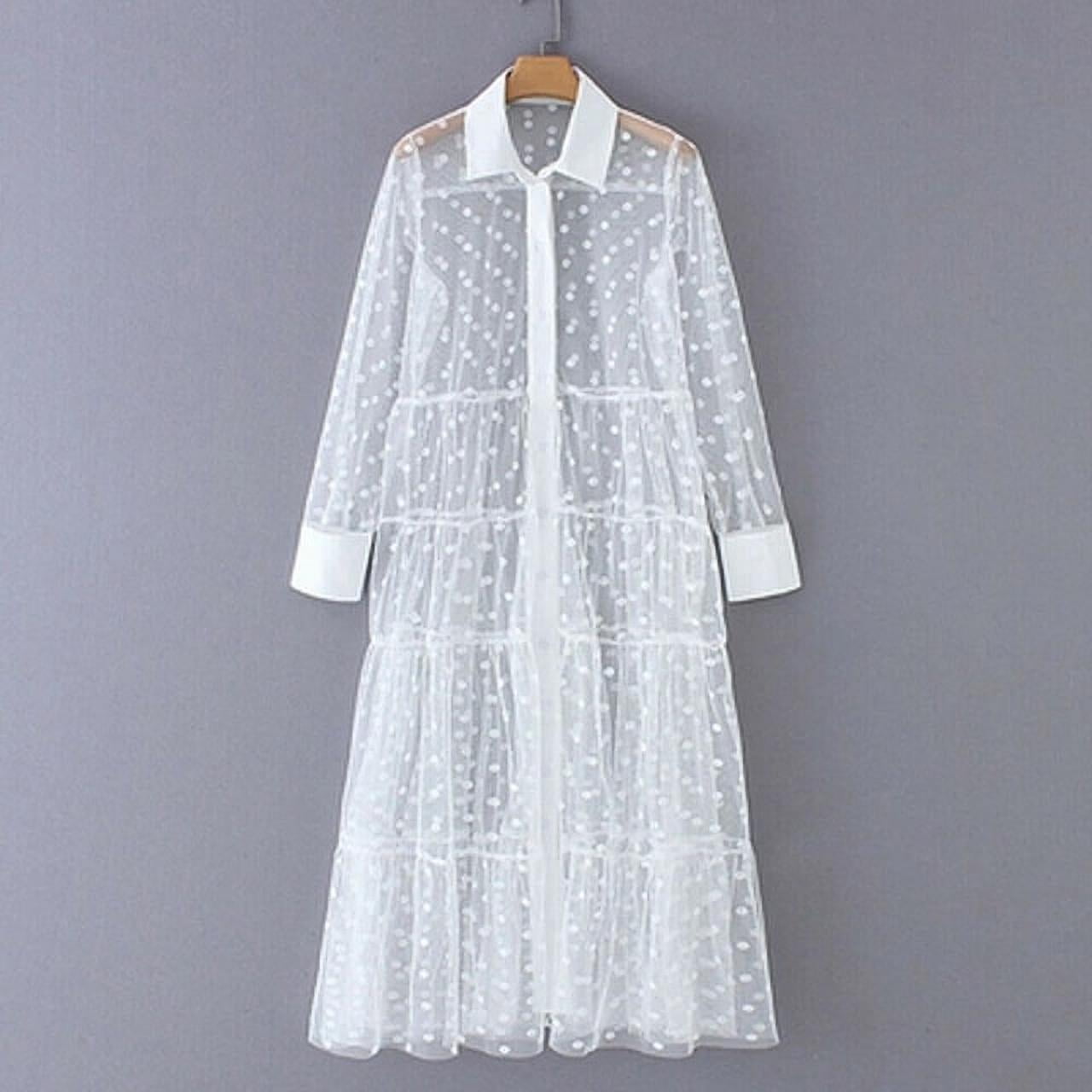 Women Mesh Sheer Transparent Polka Dot Lace Cover up V Neck Button Down ...