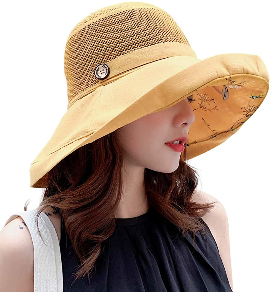 Women Mesh Sun Hats Summer Beach UV Protection UPF Packable Wide Brim Chin Strap - Walmart.com