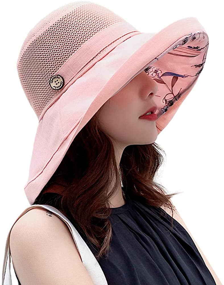 Women Mesh Sun Hats Summer Beach UV Protection UPF Packable Wide Brim Chin Strap - Walmart.com