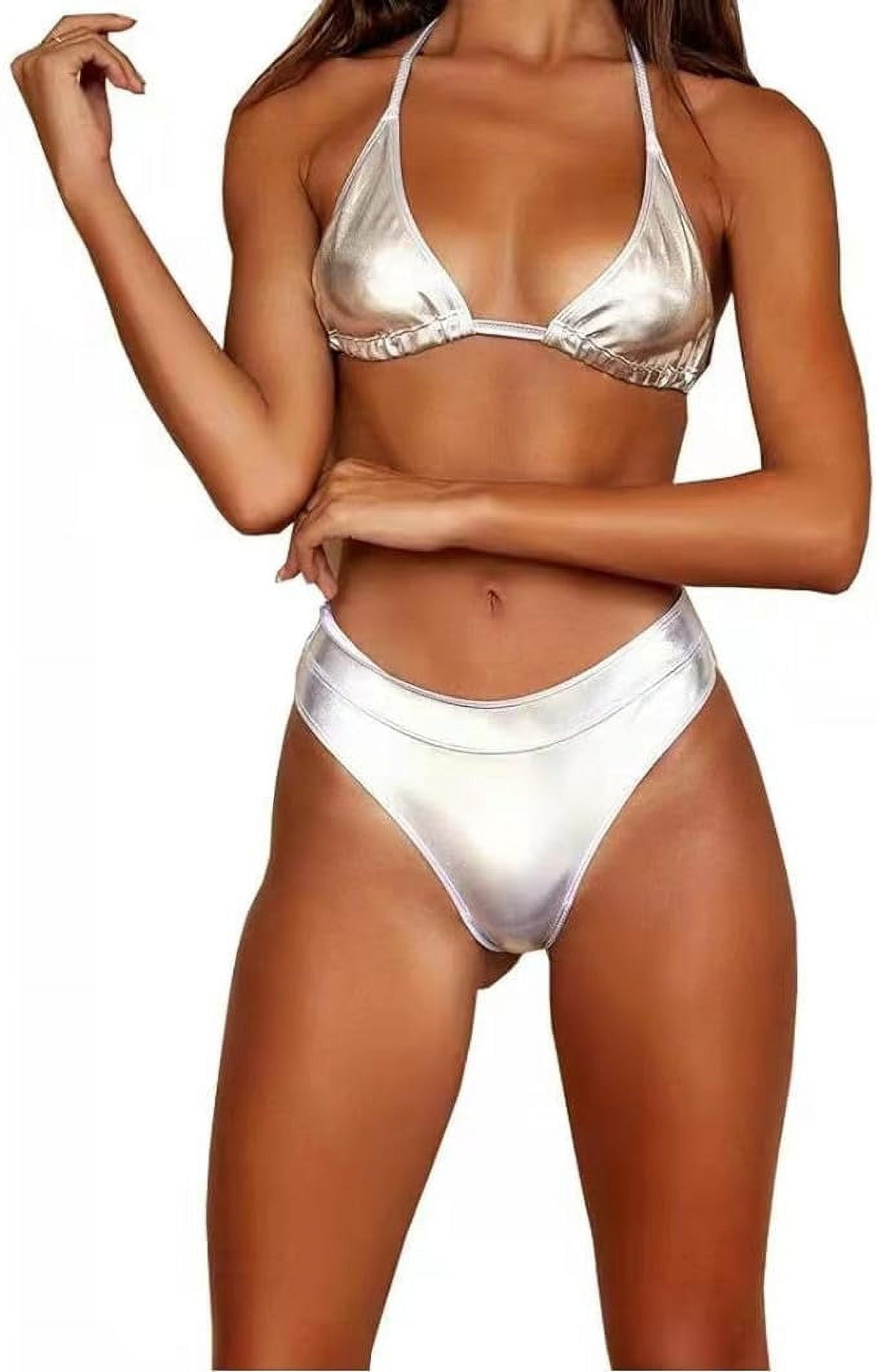 Women Metallic Bikini Set Two Piece Swimsuit Shiny Silver Gold Bathing Suit Triangle Bikini Tops ...