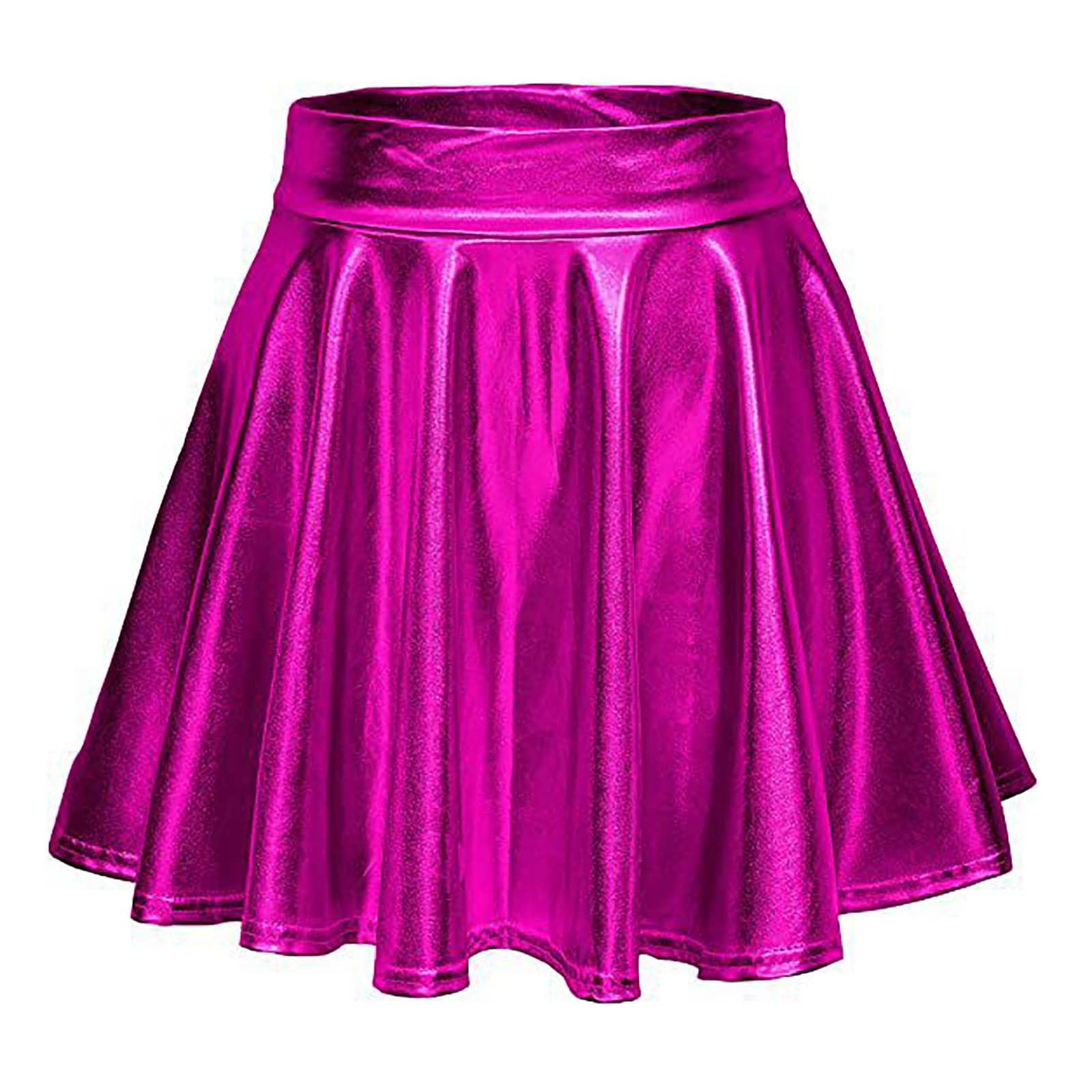 Women Metallic Shiny Flared Skirts Holographic Pleated Mini Skater