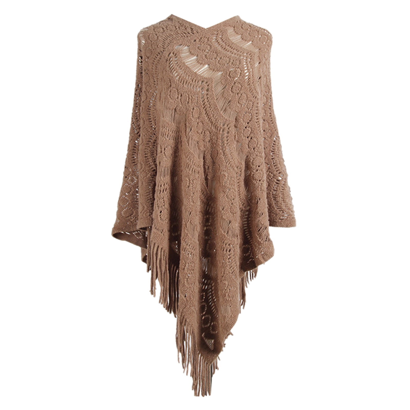 Women Mid Length Crochet Hollow Irregular Tassel Pullover Sweater Cape ...