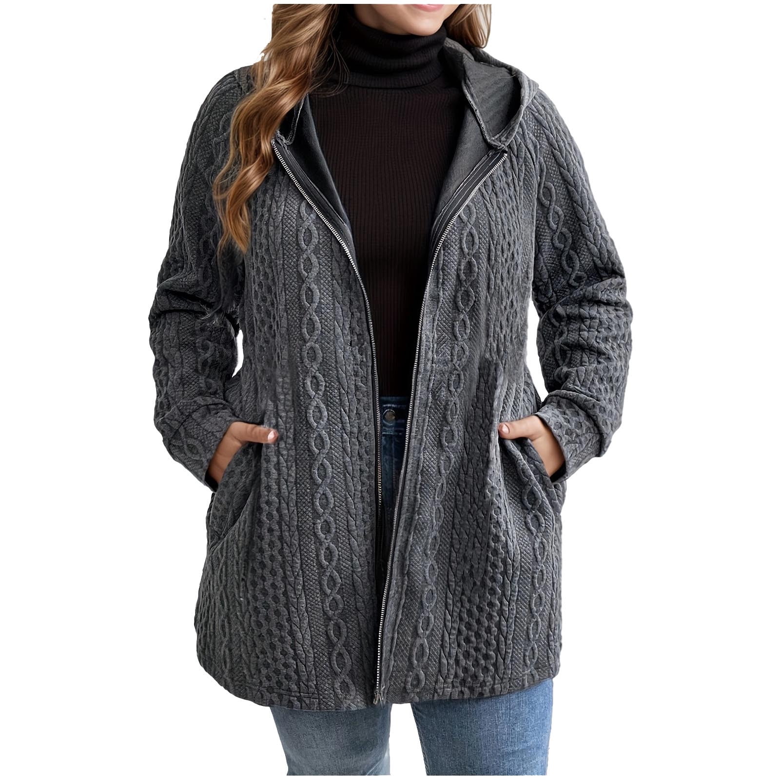 Women Mid-long Sweater Jacket with Pockets Crochet Knit Long Sleeve ...