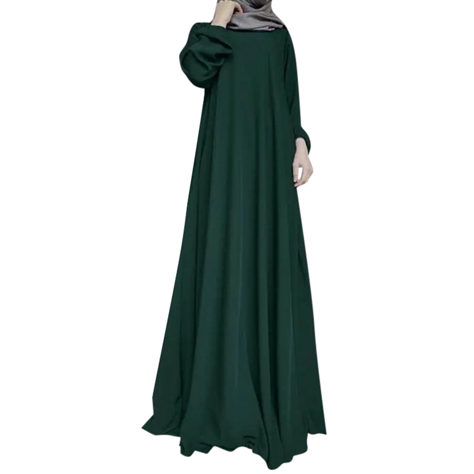 Women Middle Casual Loose Puff Sleeve Robe Solid Color Fashion Dress ...