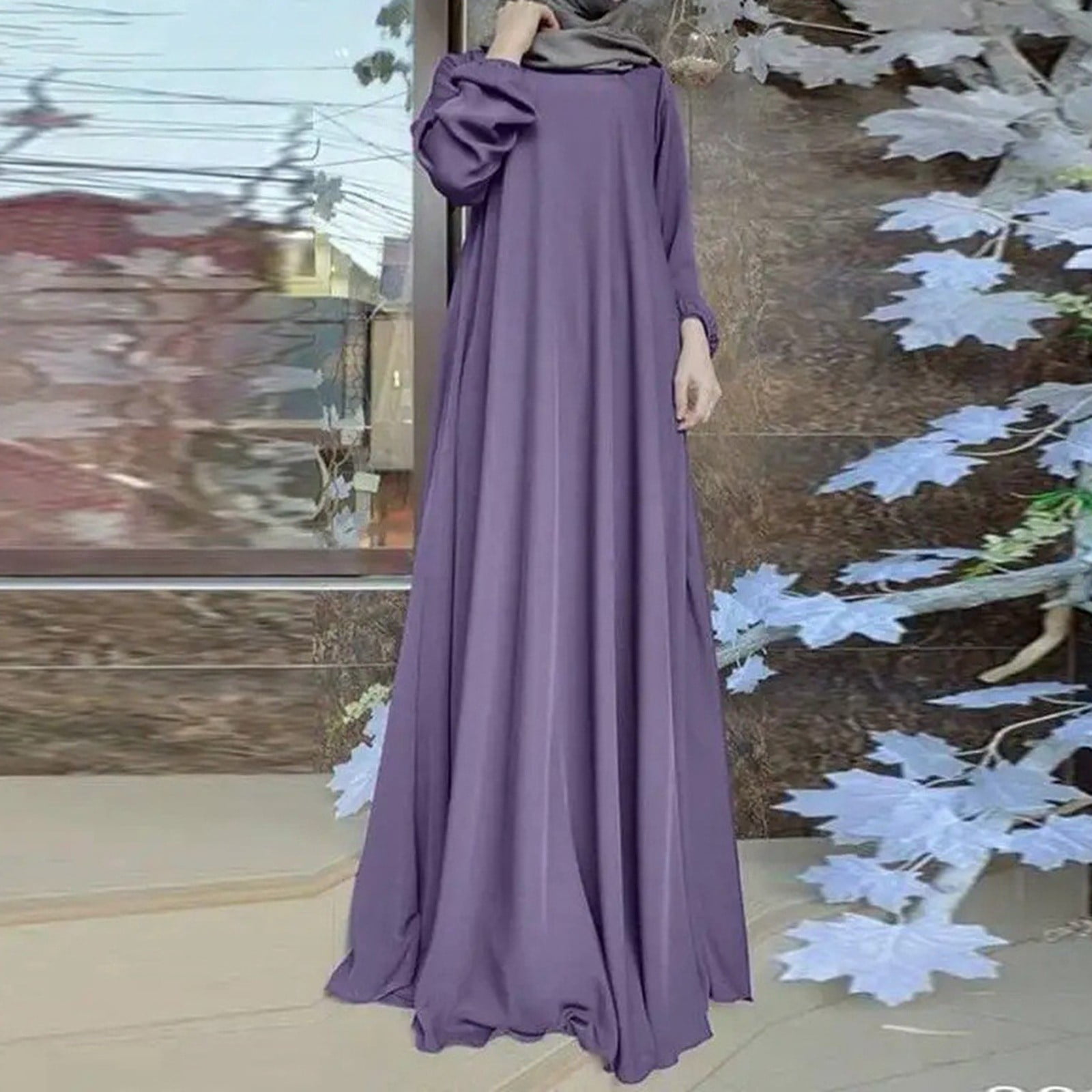 Women Middle Casual Loose Puff Sleeve Robe Solid Color Fashion Dress ...