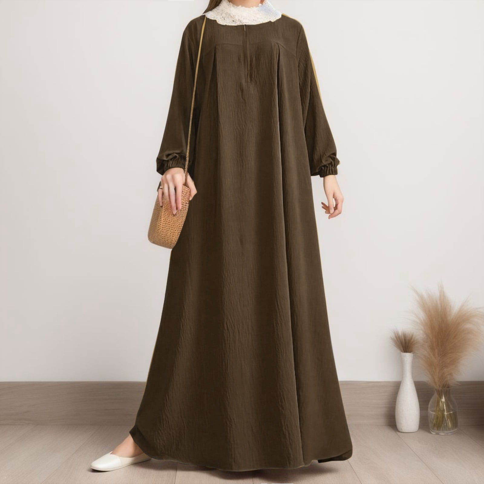 Women Middle Solid Color Puff Sleeve Dress Zipper Front Round Neck ...