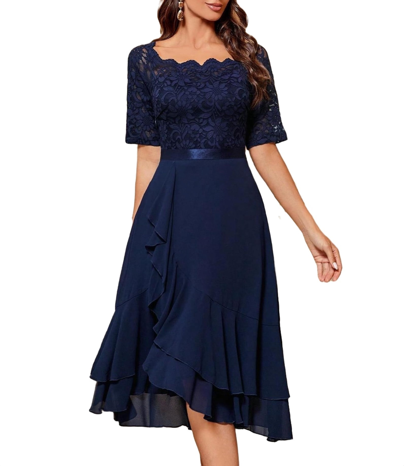Women Midi Dresses Navy Blue Color Plain Square Neck A Line Elbow ...