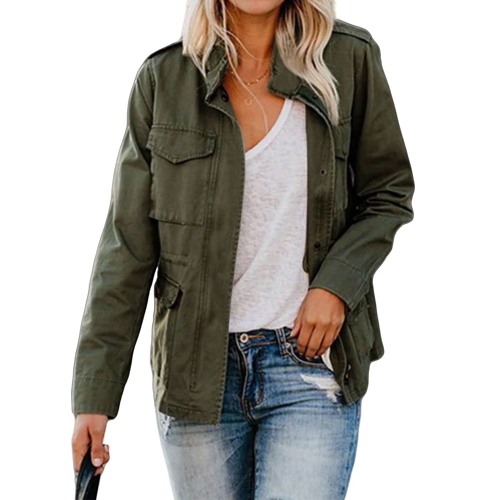 Women Military Anorak Jackets Zip Up Snap Buttons Parka Safari Utility Coats Casual Drawstring ...