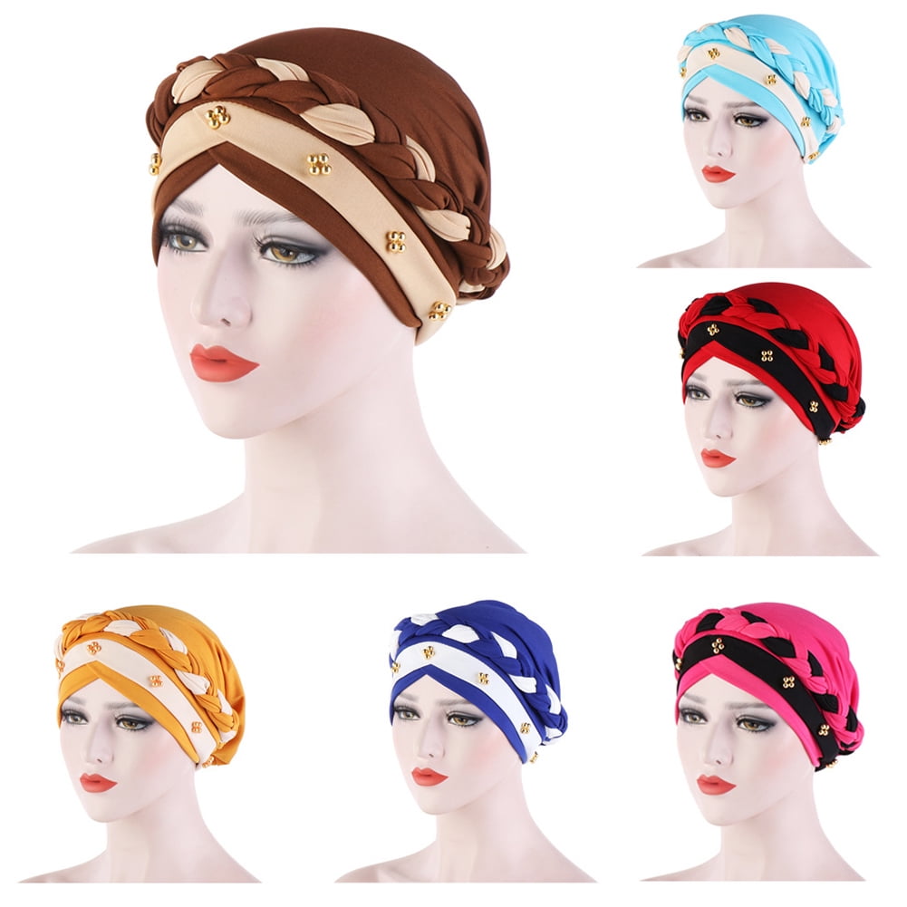 Women Milk Silk Twisted Braid Hat Cap Beading Hair Loss Head Cover ...