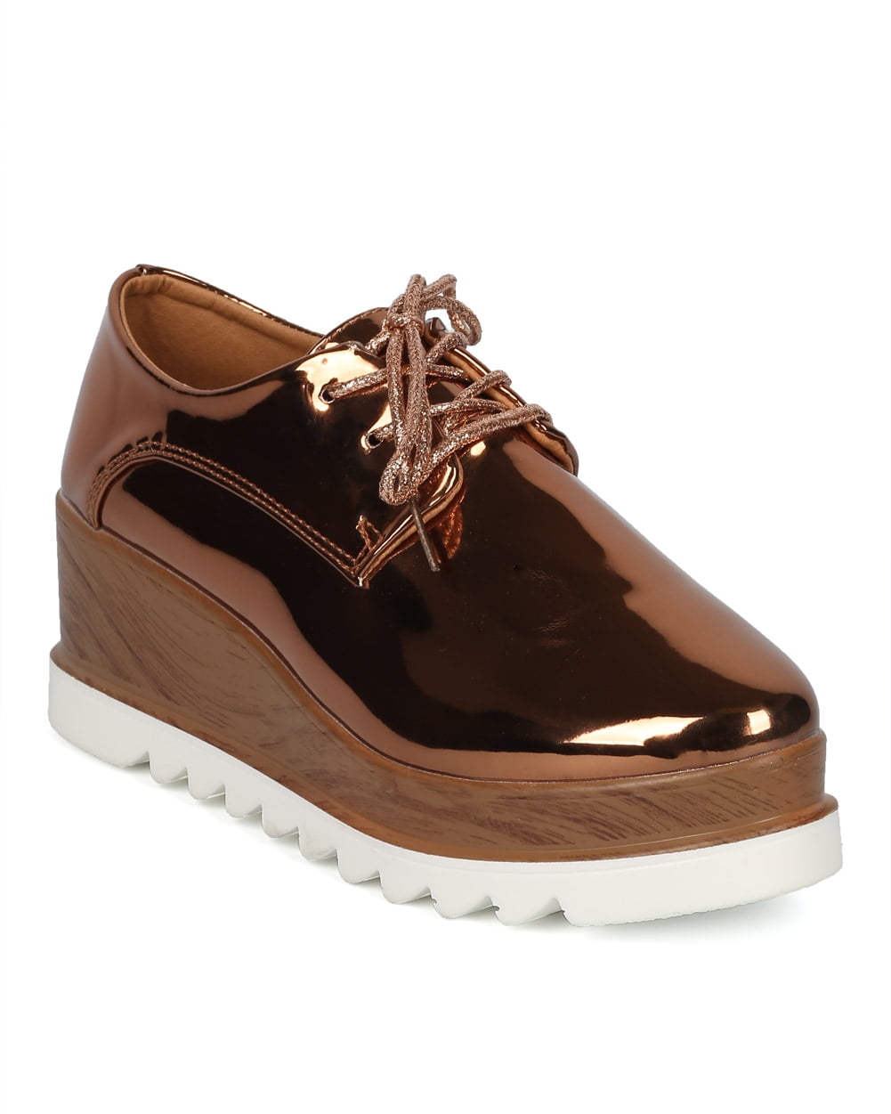 Women Mirror Metallic Pointy Toe Double Stacked Platform Spectator ...