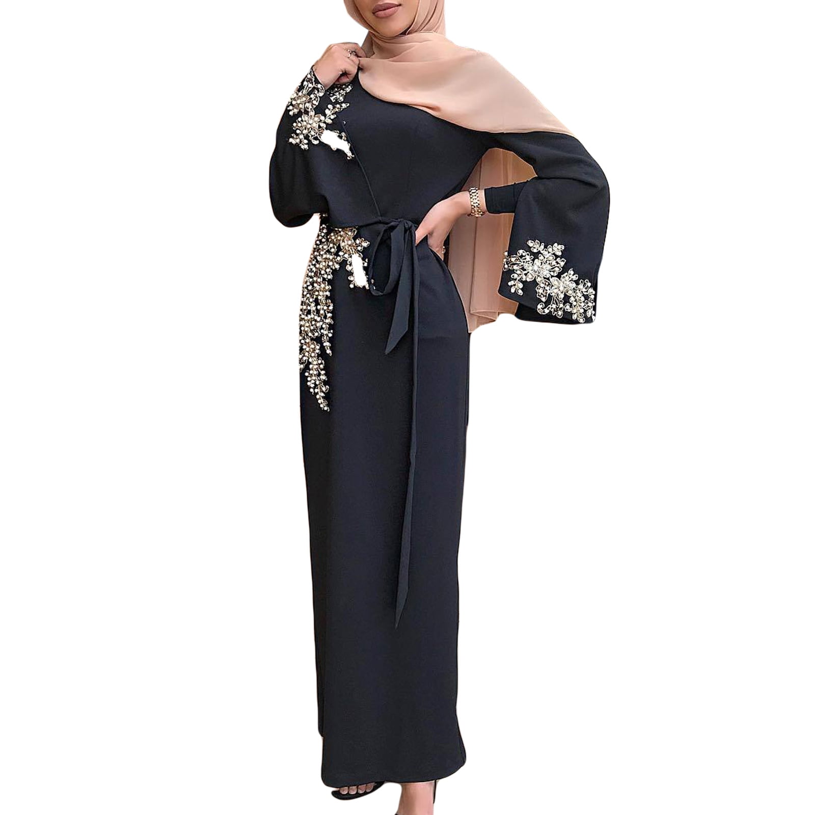 Women Muslim Dubai Abaya Flare Long Sleeve Maxi Dress Floral Lace Beading Patchwork Turkey Hijab ...