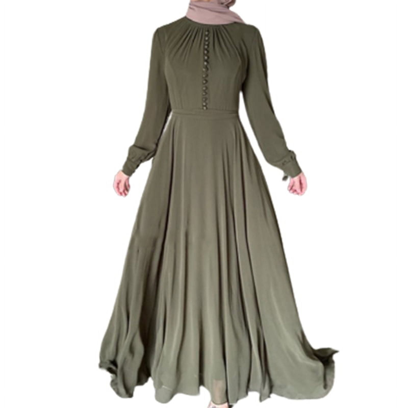 Women Muslim Maxi Long Lined Pleats Dress Belted High Waist Buttons ...