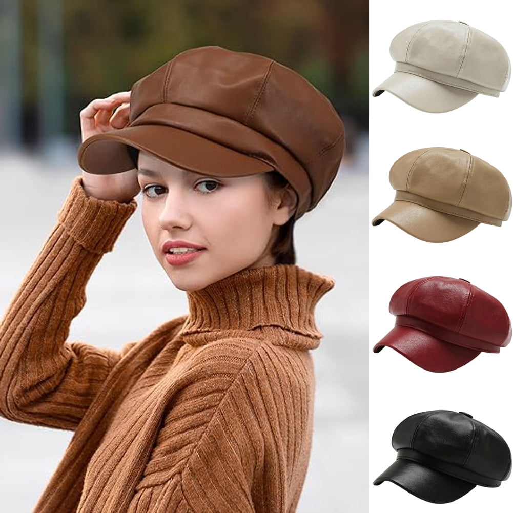 Women Newsboy Hats - PU Leather Basic Beret Cabbie Hat Short Brim ...