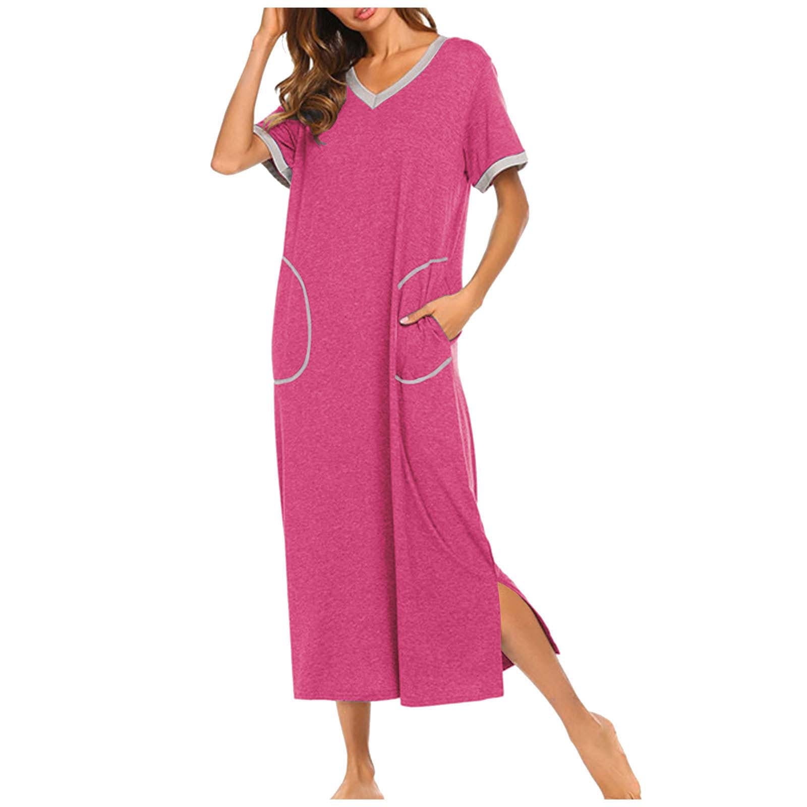 Women Nightgown Short Sleeve Soft Nightshirt Full Length Dress ...