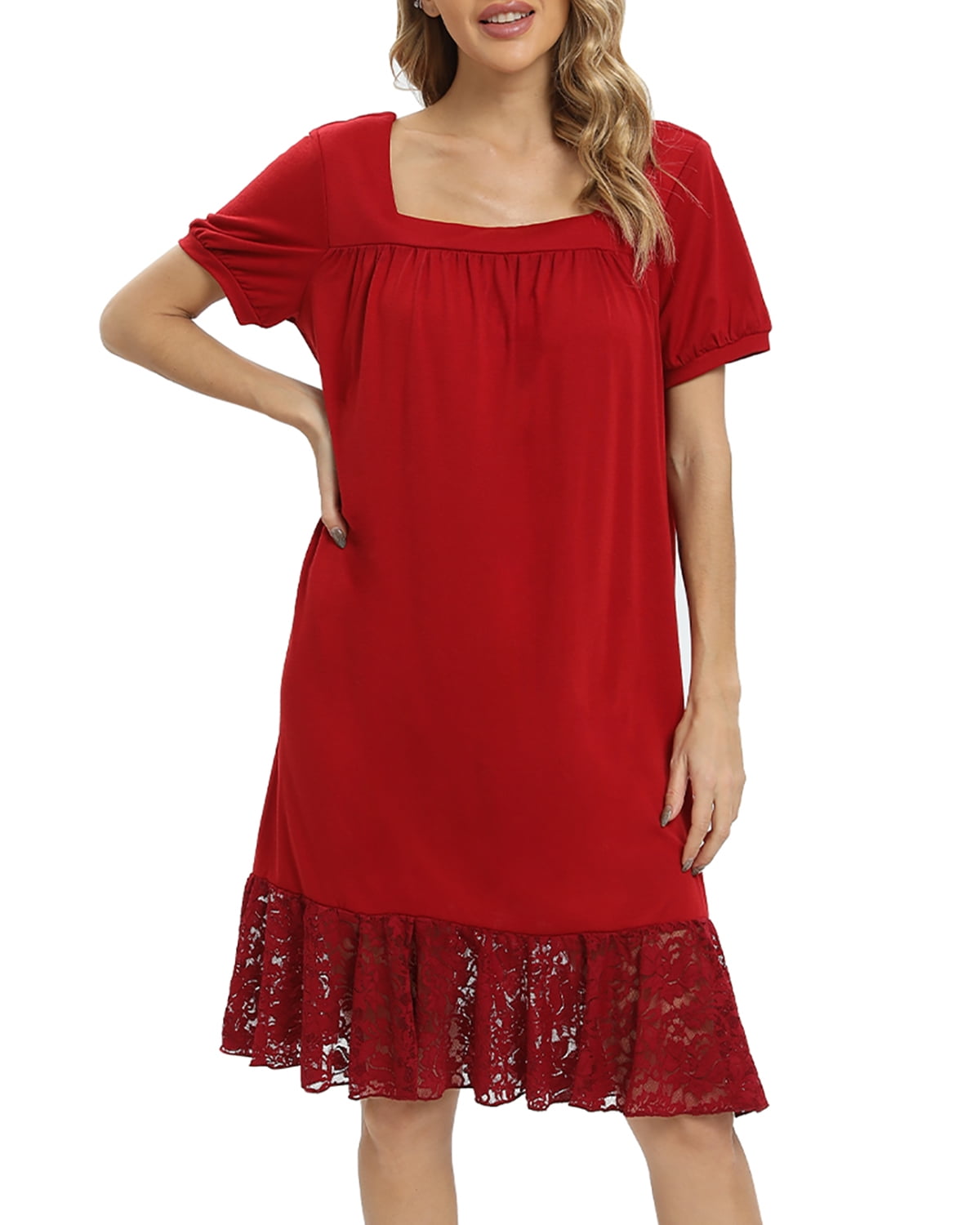 Women Nightgowns Sexy Square Neck Sleep Shirts Short Sleeve Sleepwear ...