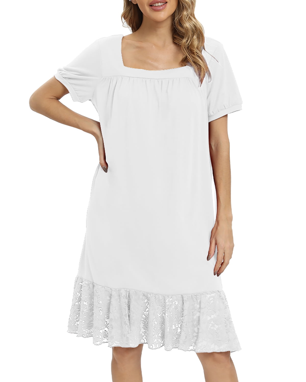 Women Nightgowns Sexy Square Neck Sleep Shirts Short Sleeve Sleepwear ...