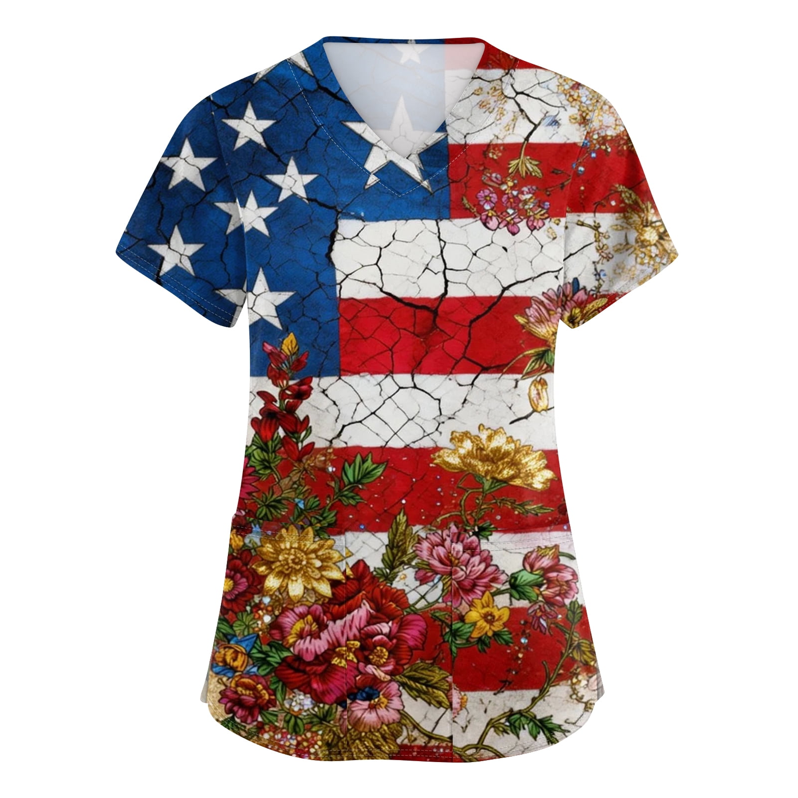 Women Nursing Scrub Tops Usa Flag Print Medical Nurse Uniforms America ...
