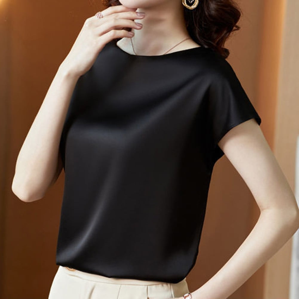 Women Office Lady Tops Summer Short Sleeve O-Neck Satin Blouse Shirts ...