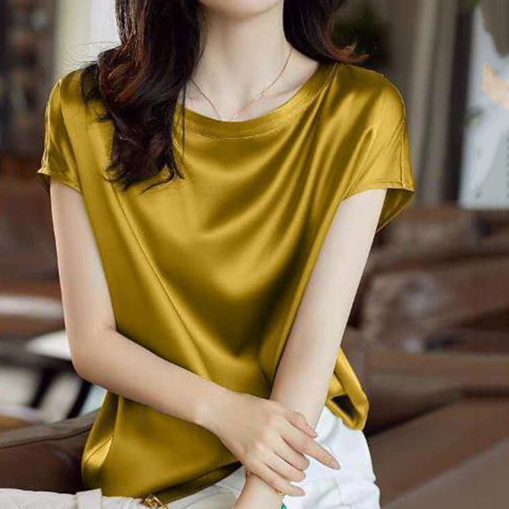 Women Office Lady Tops Summer Short Sleeve O-Neck Satin Blouse Shirts ...