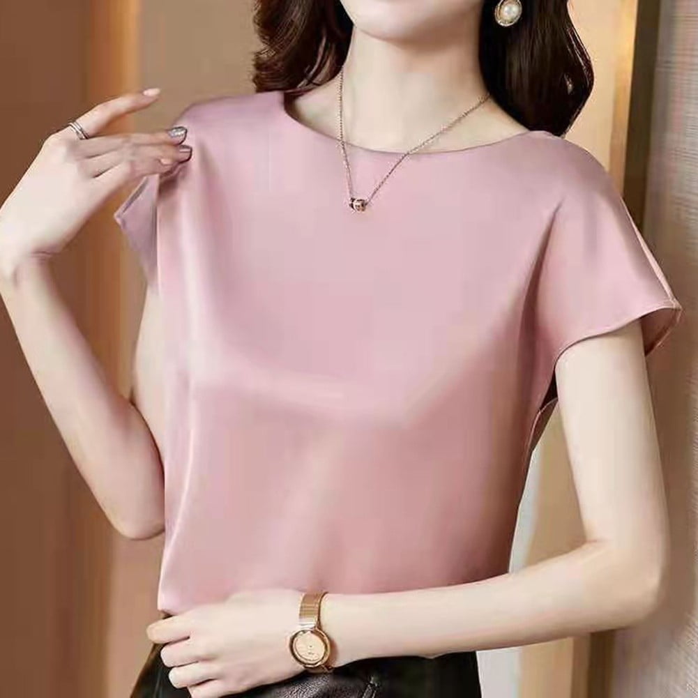 Women Office Lady Tops Summer Short Sleeve O-Neck Satin Blouse Shirts ...