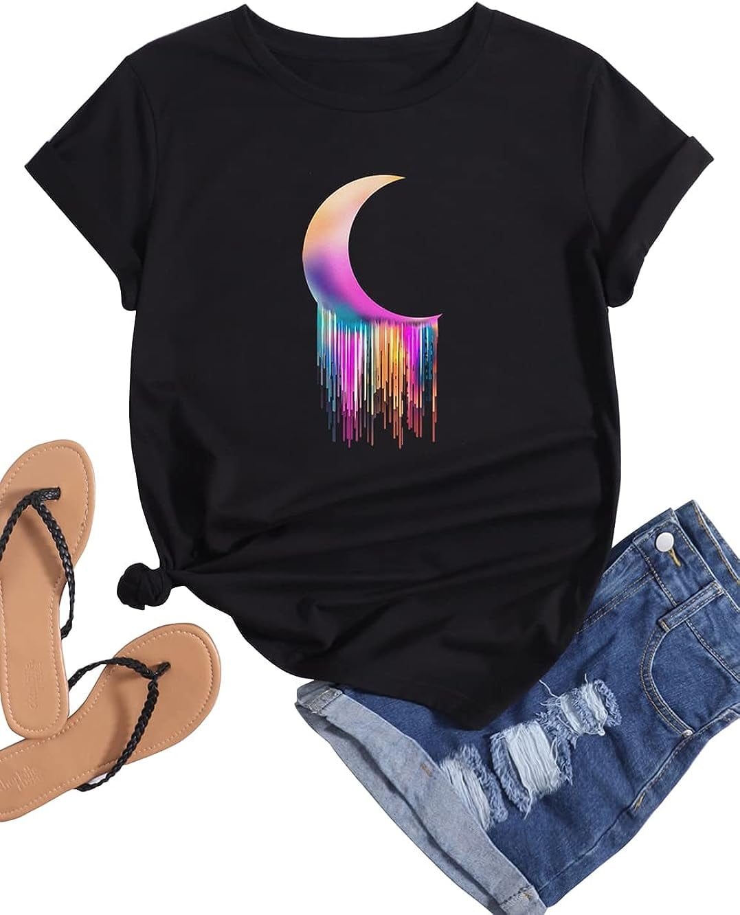 Women Ombre Moon T Shirt Funny Cute Graphic Tees Casual Short Sleeve ...