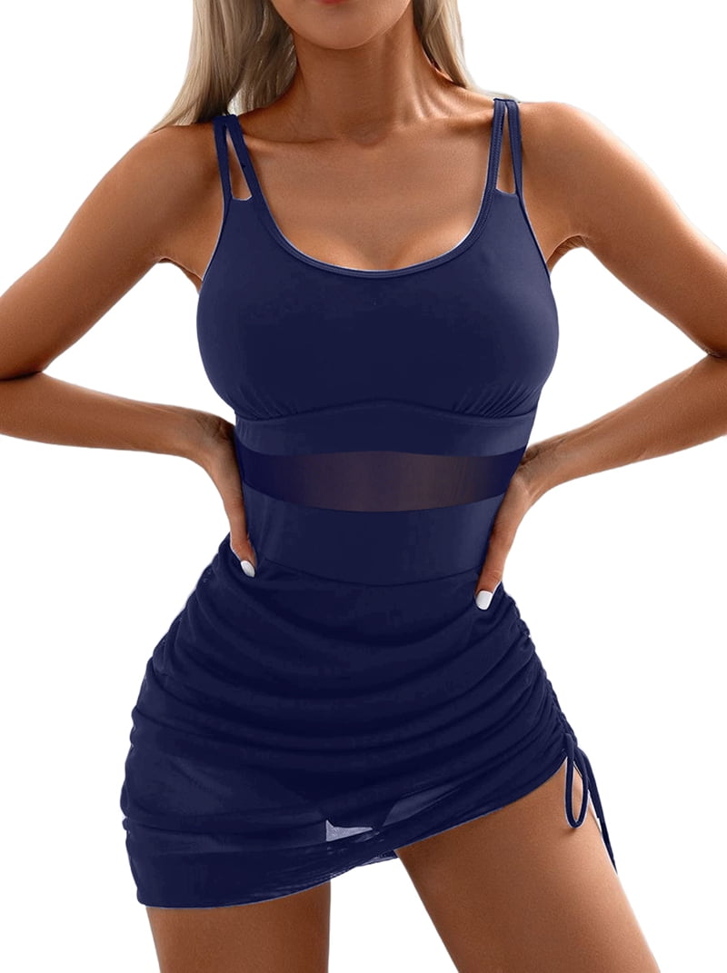 Women One-Piece Swim Dress Tummy Control Swimsuits Slimming Mesh Sheer ...