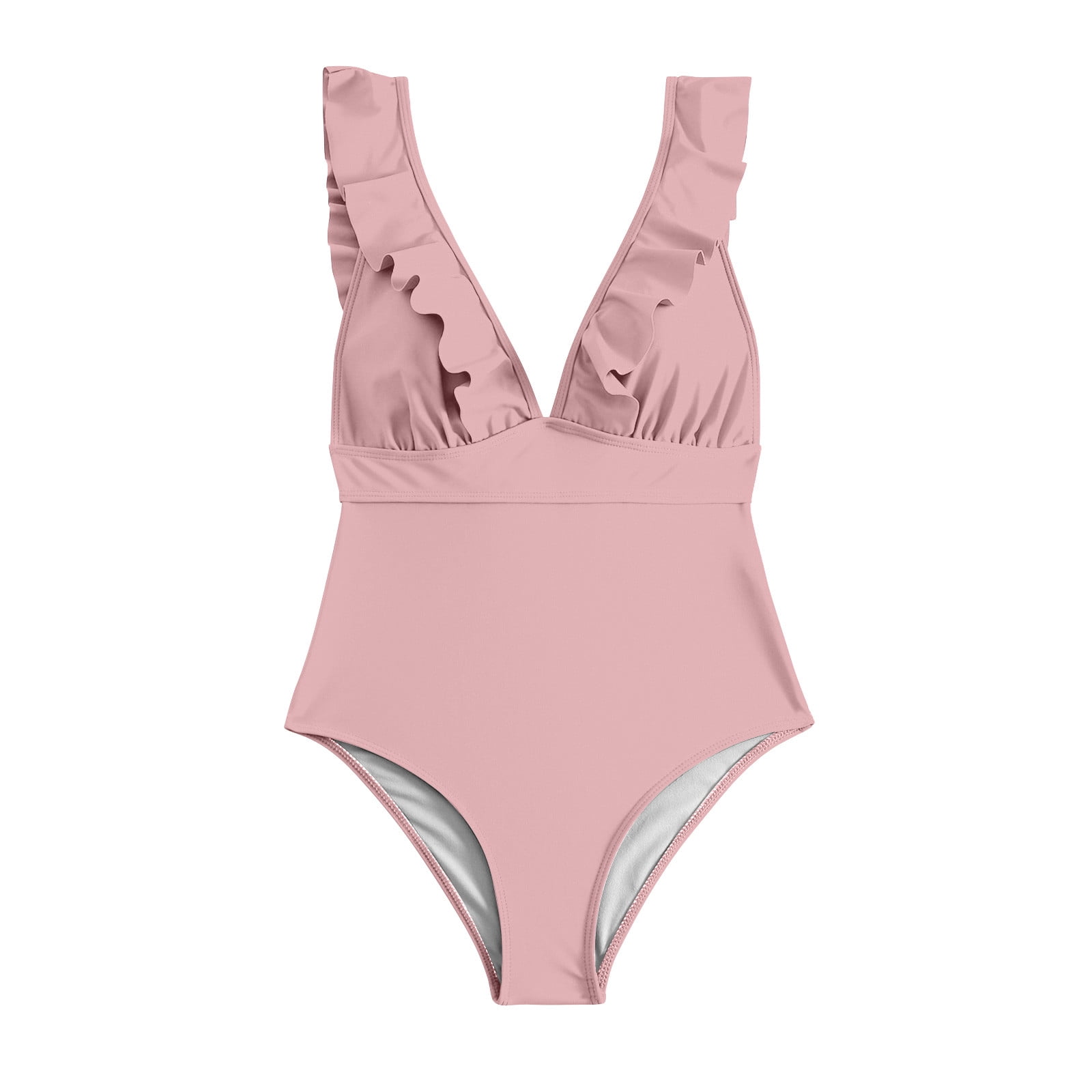 Women One-Piece Swimsuit Solid Ruffle Bikini V Neck Swimsuit Bathing ...