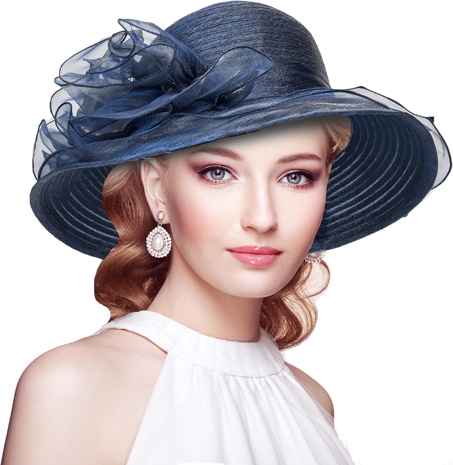 Women Organza Derby Hat - Bridal Wedding Church Tea Party Wide Brim ...