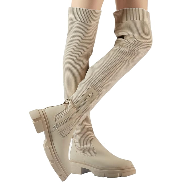 Women Over The Knee Thigh Low Chunky Heel Boots Round Toe Side Zip Knit ...