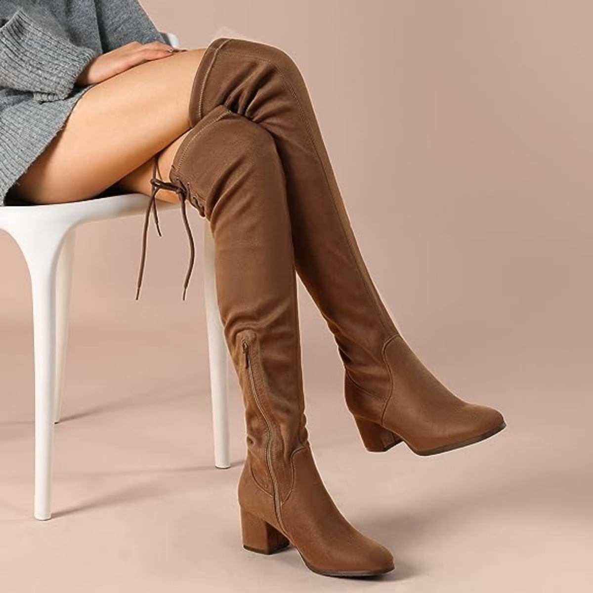 Women Over the Knee Boots Block Winter Thigh High Suede Low Above Flat ...