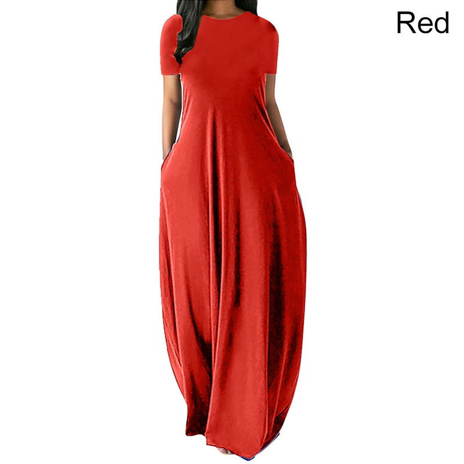 Women Oversize Casual Solid O-Neck Pockets Long Dress Summer Dress ...