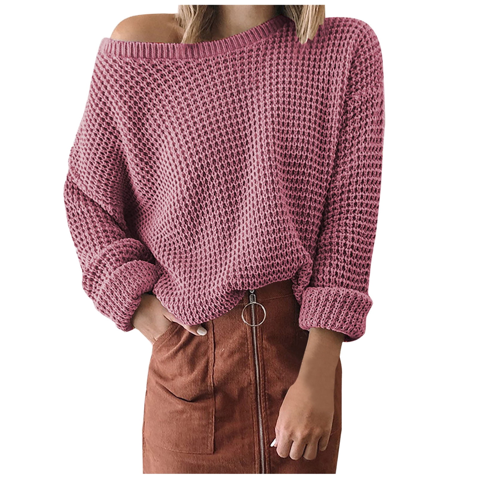 Women Oversized Crew Neck Sweaters Waffle Knitted Pullover Long Sleeve ...