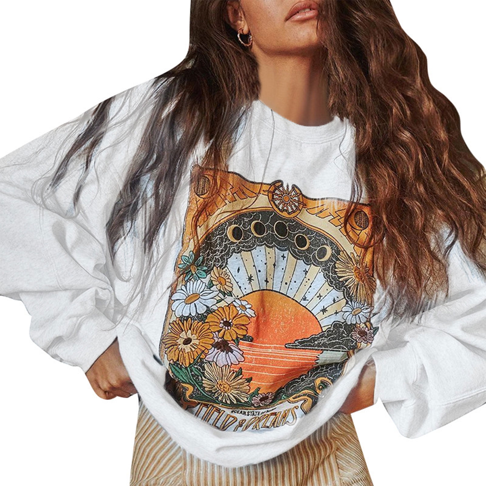 Women Oversized Graphic Sweatshirt Crew Neck Long Sleeve Pullover Top ...