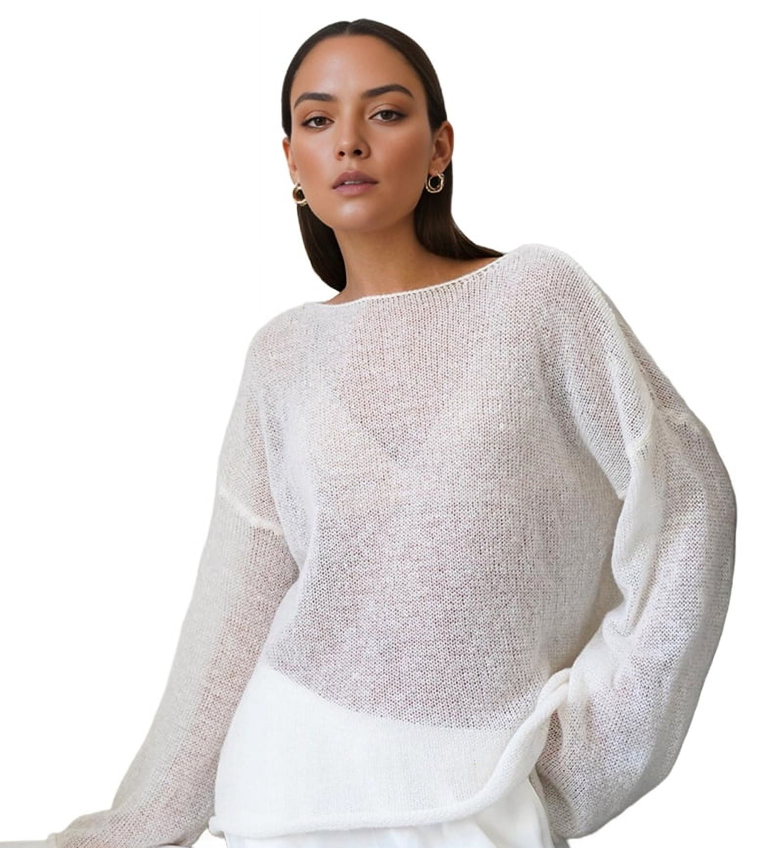 Women Oversized Long Sleeve Sheer Mesh Knit Sweater Tops Y2K Summer ...