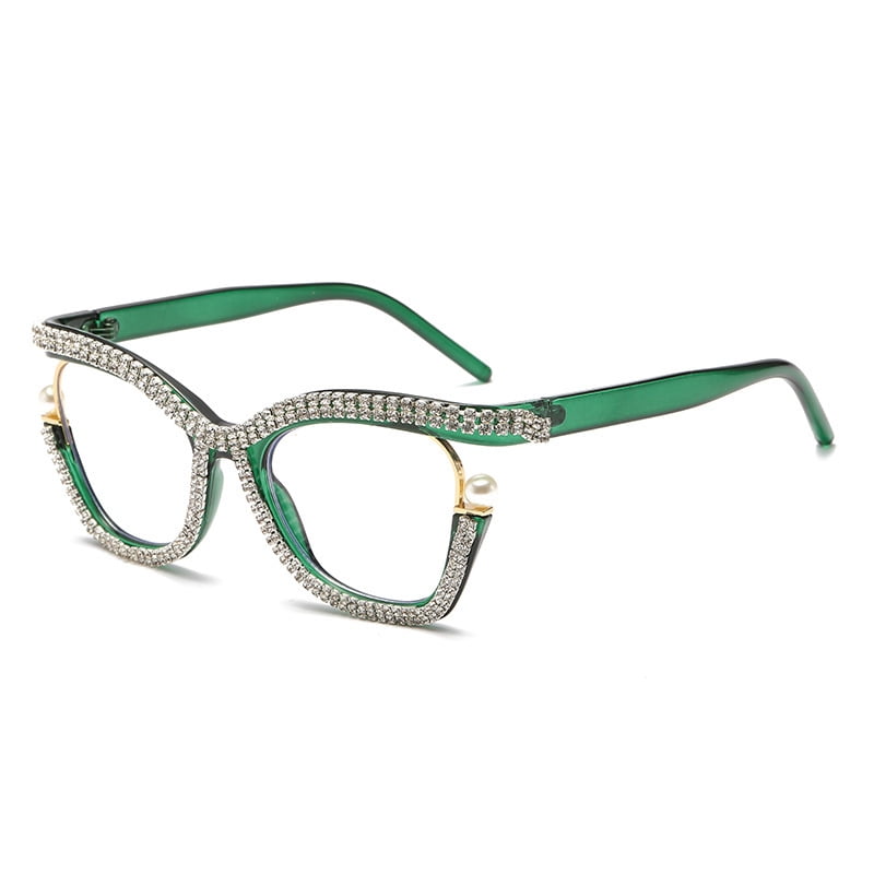 Women Oversized Silver Rhinestone Green Glasses Frame Ladies Stylish ...